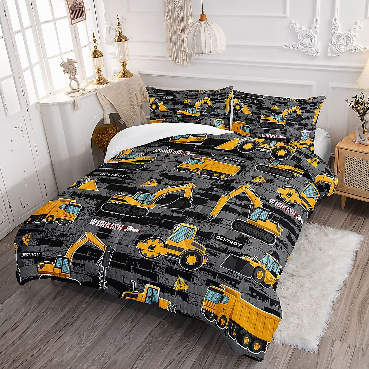 Datura home Kids Engineering Car Bedding Comforter Set Tractor Truck Printed Pattern Bedding Set with 1 Comforter and 2 Pillowcases for Boys Bedroom All Season(Truck2 Twin), Twin 68x86inches