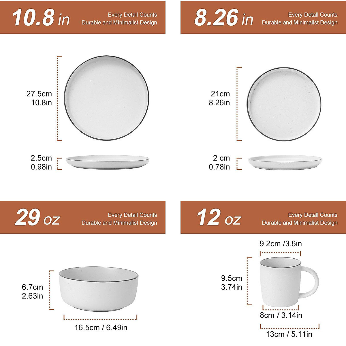 MTLWTL Dinnerware Sets, Dish Set for 4, Kitchen Plates and Bowls Set with Mugs, Microwave, Oven & Dishwasher Safe, White Sesame 16 Pieces