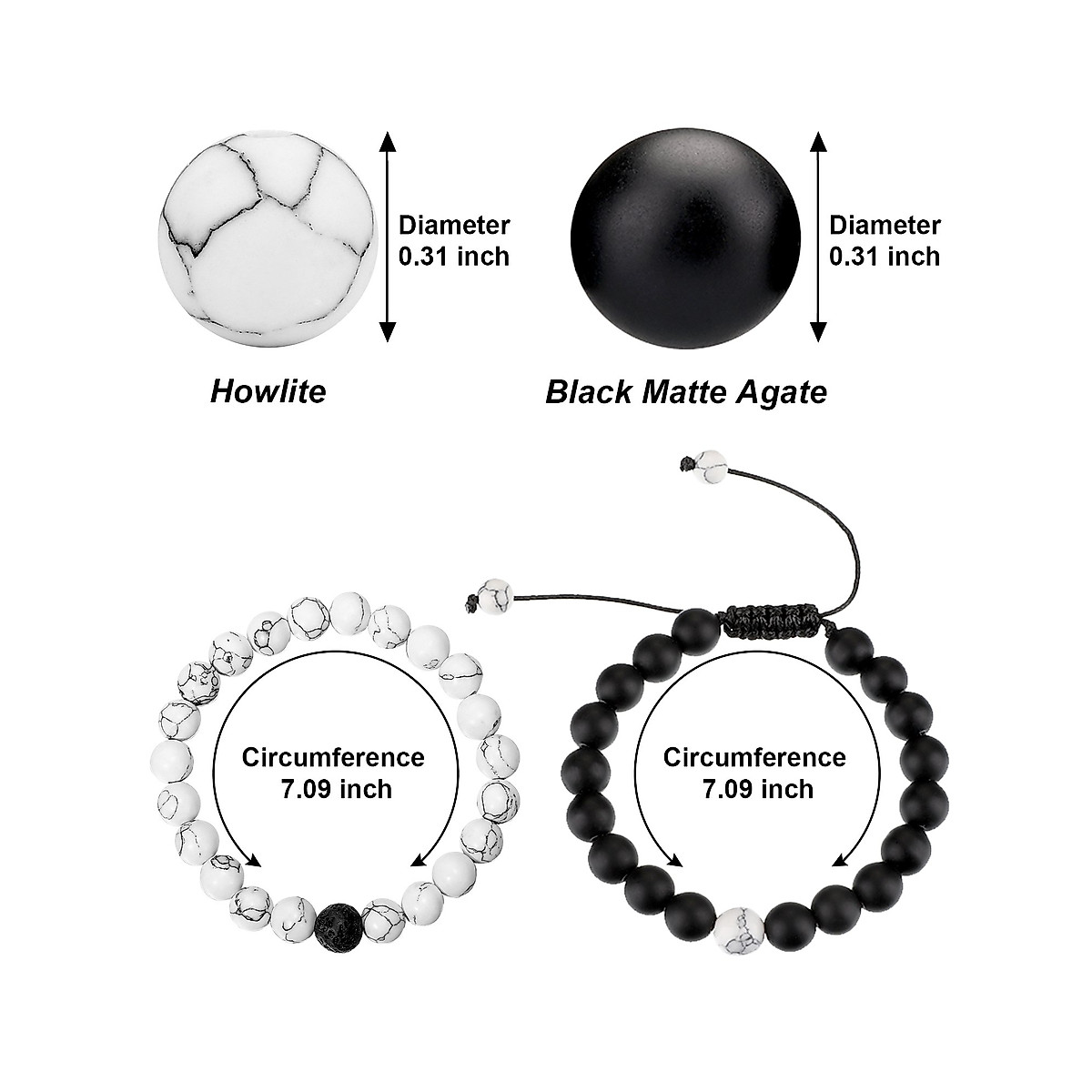 BBTO Howlite Bracelet for Couples Black Matte Agate Bracelet Distance Bracelet Energy Beads Bracelet