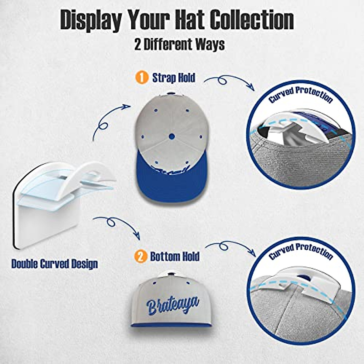 BRATEAYA Hat Hooks for Baseball Caps (10 Pack), No Drilling Hat Organizer for Wall Display & Hat Brim Bender, Easy Hat Bill Shaper for Baseball Caps