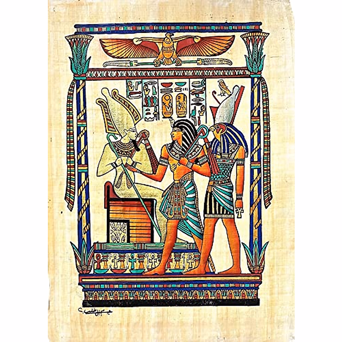 NileCart Collection of 4 sheets Egyptian papyrus paintings Original Hand Painted Papyrus Paper Ancient Egyptian size 13x17 in. handmade in Egypt. (Egyptian gods & goddesses Collection)