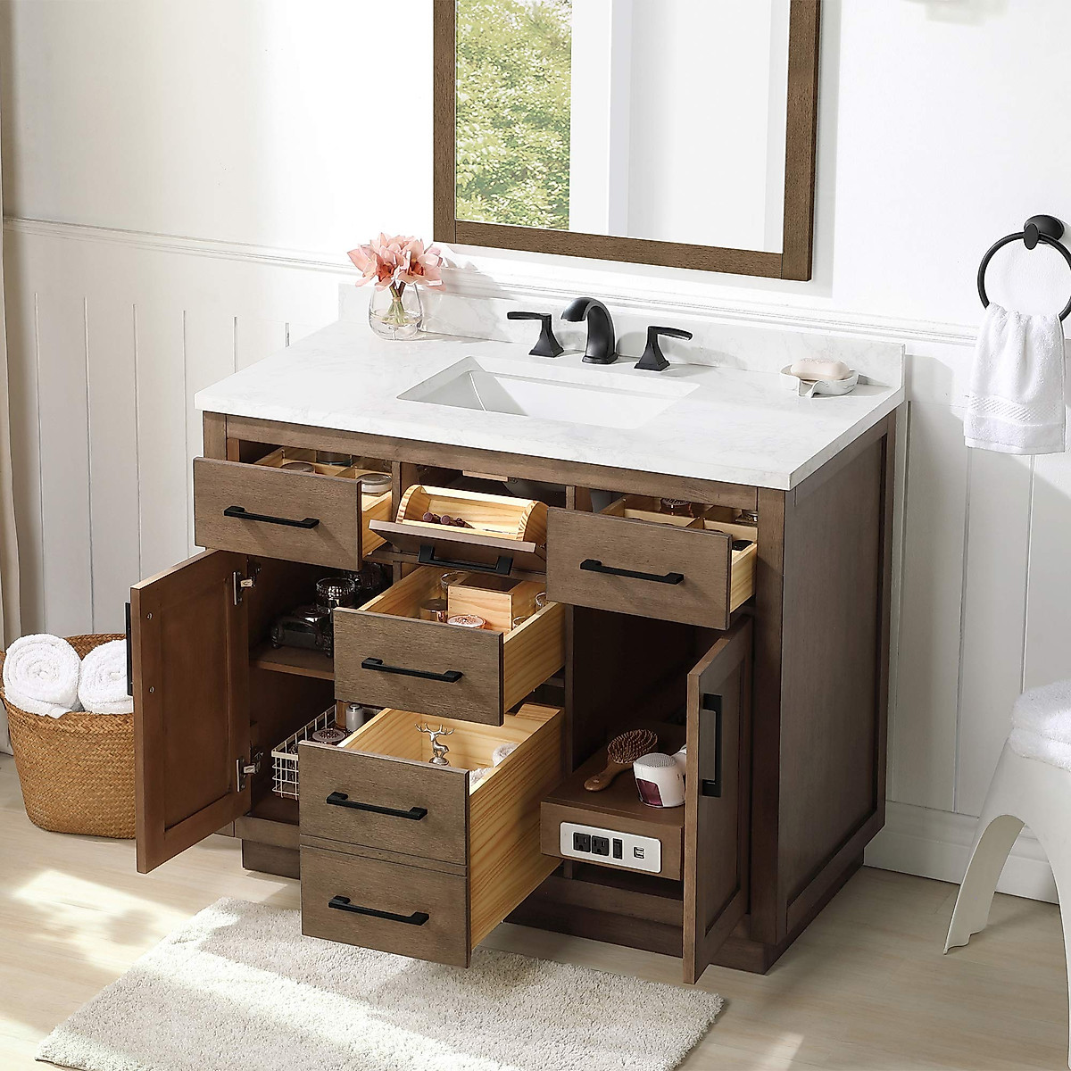 OVE Decors Maya Plus 42 in. Single Sink Bathroom Vanity in Almond Latte Finish, Black Hardware and Included Power Bar