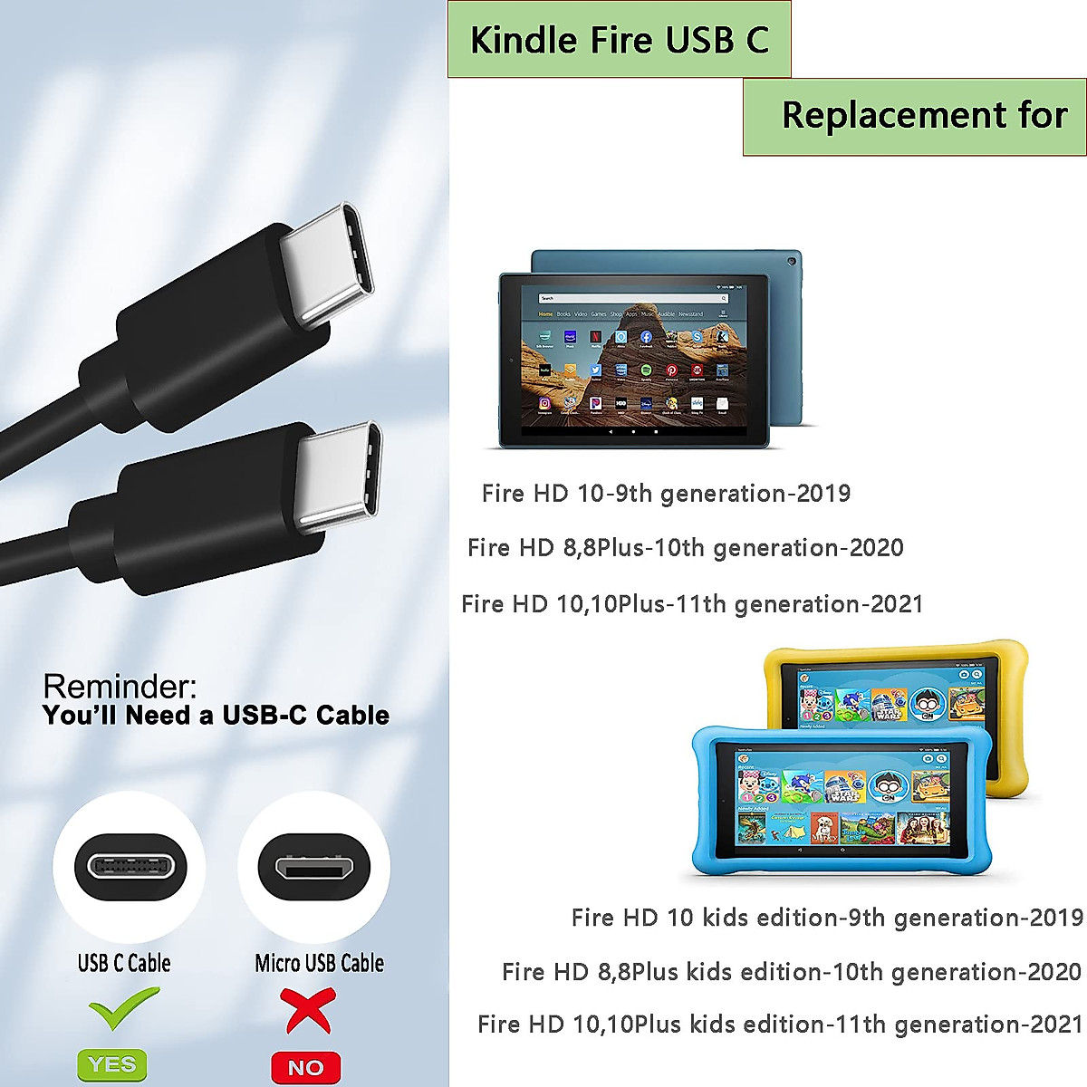 2Pack-USB C 3A 6.5Ft Fast Charger Cable for Charging New Fire HD10-11th Generation 2021 Kids Edition,Fire HD10 Plus,Fire HD10-9th Gen 2019 Kids Edition