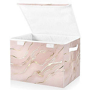Kigai Storage Basket Rose Gold Abstract Marble Storage Boxes with Lids and Handle, Large Storage Cube Bin Collapsible for Shelves Closet Bedroom Living Room, 16.5x12.6x11.8 In