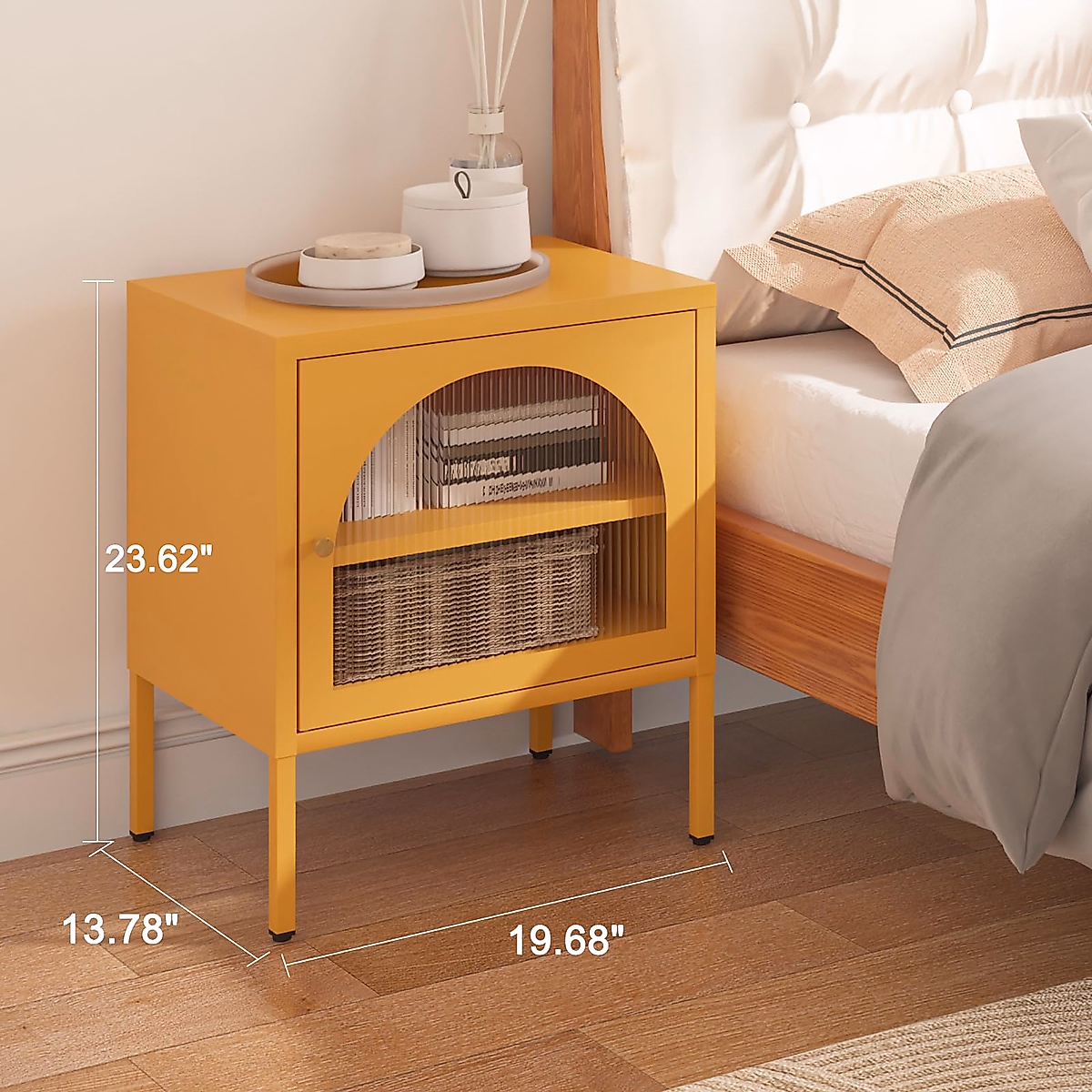 Aiasuit Single Door Nightstand Bedroom Bedside Table Adjustable Frosted Texture Storage Side Cabinet Glass Coffee Table Storage Cabinet Solid Room Side Table Yellow Size: 23.62”H x 19.68”W x 13.88”D