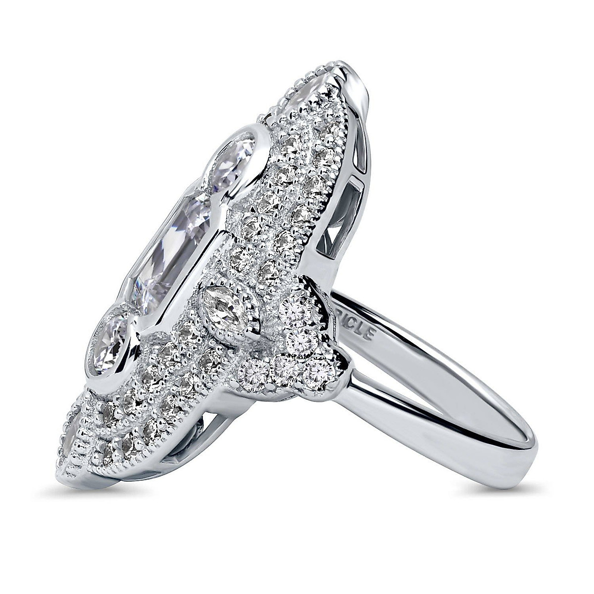 BERRICLE Sterling Silver Art Deco Cubic Zirconia CZ Statement Milgrain Cocktail Fashion Ring for Women, Rhodium Plated Size 5