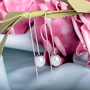 MOLAH 925 Sterling Silver Genuine Cultured Freshwater Pearl 8-8.5mm Threader Earrings Rhodium Plated