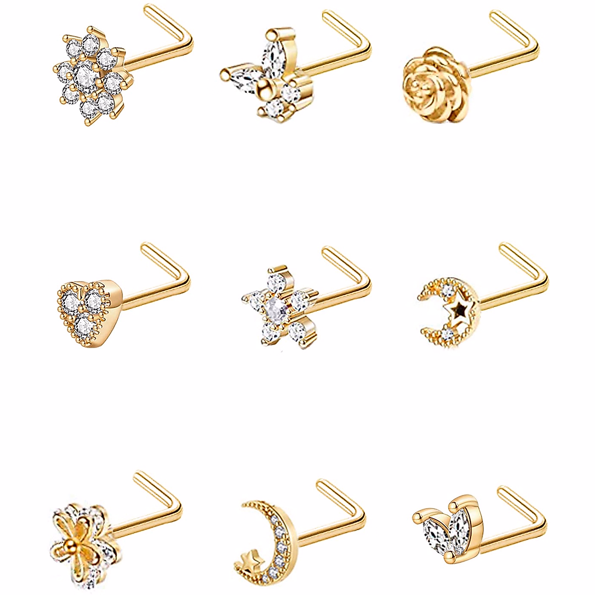 Masedy 9Pcs 20G Stainless Steel Nose Rings L Shaped Nose Studs Flower Screw Nose Rings for Women Men Nose Piercing Set LG