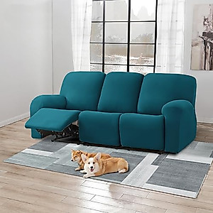 HDCAXKJ 100% Waterproof 8-Piece Recliner Couch Cover for Reclining Couch 3 Seat Super Stretch Soft Recliner Sofa Covers for 3 Cushion Couch Recliner Set Slipcovers Protector (Peacock Blue, 3 Seat)