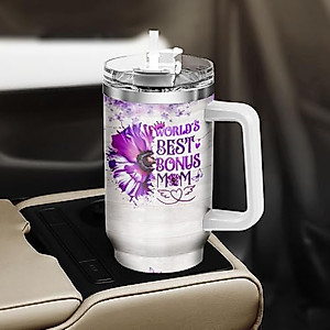 99WHALE Tumbler 40 Oz With Handle Lid And Straw, Bonus Mom Purple Floral, Bonus Mom Gifts, Light Be Tumblers Cup Mama Mother For Funny Mommy Coffee Yellow Flower Cups
