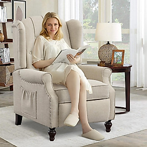 Pushback Recliner Chair, Fabric Armchair Small Recliners Home Theater Seating, Adjustable Modern Reclining Chair for Adults in Living Room (Linen, Beige)