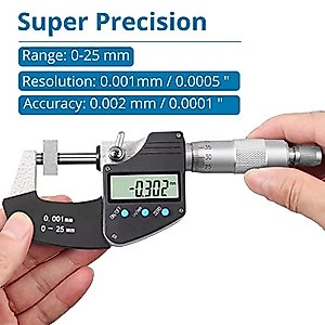 AUTOUTLET 0-25mm Precision Digital Micrometer Electronic Micrometer Caliper with 0.001mm Resolution and LCD Display for Accurate Measurements