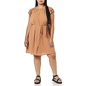 Amazon Essentials Women's Relaxed Fit Lightweight Georgette Split Neck Flutter Sleeve Shift Dress, Light Brown, Large