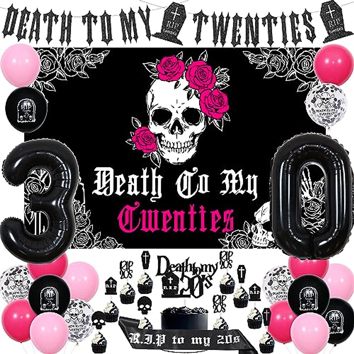 Rip to My 20s Birthday Decorations for Her, Death to My Twenties Backdrop, Banner, Cake Topper, Sash, Funeral for My Youth Funny Thirtieth 30th Birthday Party Supplies Black Pink
