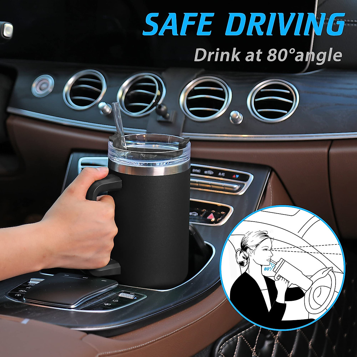 TaroKitc 40 oz Tumbler with Handle | Stainless Steel Insulated Travel Mug Iced Coffee Cup with Lids and Straw | Keeps Drinks Cold for 34 Hours | Dishwasher Safe, BPA Free | BLACK