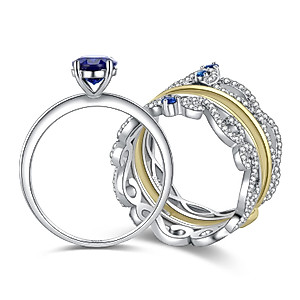 JewelryPalace Infinity Knot 1.8ct Blue Sapphire Solitaire Engagement Rings Women, Vintage 925 Sterling Silver 14K Yellow Gold Promise Ring Her, Wave Crown Wedding Band Enhancer Ring Bridal Set 7