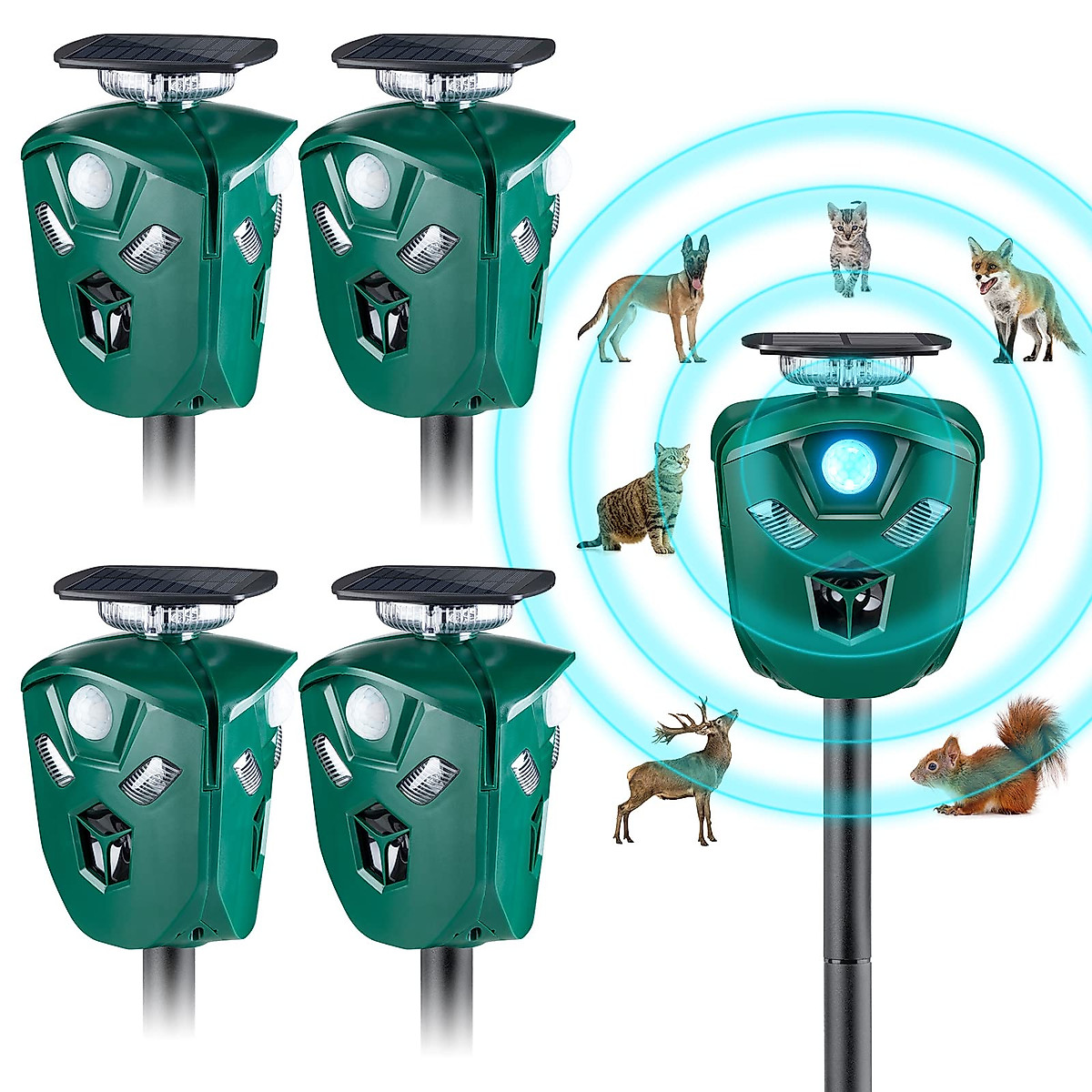 Ultrasonic Animal Repellers Outdoor Waterproof Solar Deterrent Devices Green Ultrasonic Deer Repellents with Motion Sensor Flashing Light for Garden Yard Farm House Drive Coyote Raccoon Skunk (4 Pack)