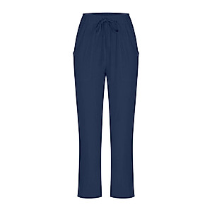 ZDRZK Linen Beach Pants for Petite Women Casual Summer Womens Casual Linen Pants 2023 Plus Size High Waist Drawstring Summer Pants Straight Leg Lounge Trousers with Pockets Blue XL