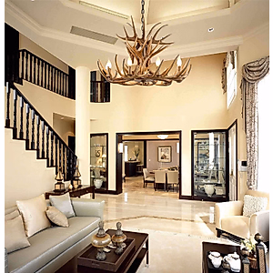 Hubrin Rustic Antler Chandelier 9-Light, Farmhouse Deer Antler Chandelier Lighting, Retro Antler Light Fixtures, Brown E12 for Home Store (9 lamp arms + 6arms)