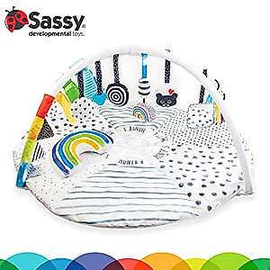Sassy Stages STEM Developmental Play Gym, Sensory Tummy Time Activity Play Mat w/Built-in Instructions, Ultra Plush & Machine Washable Playmat for Babies & Toddlers