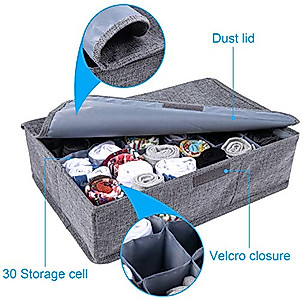 Socks Organizer with Lid, 30 Cell Underwear Drawer Organizer Foldable Closet Storage Box for Ties, Lingeries, Socks - Gray