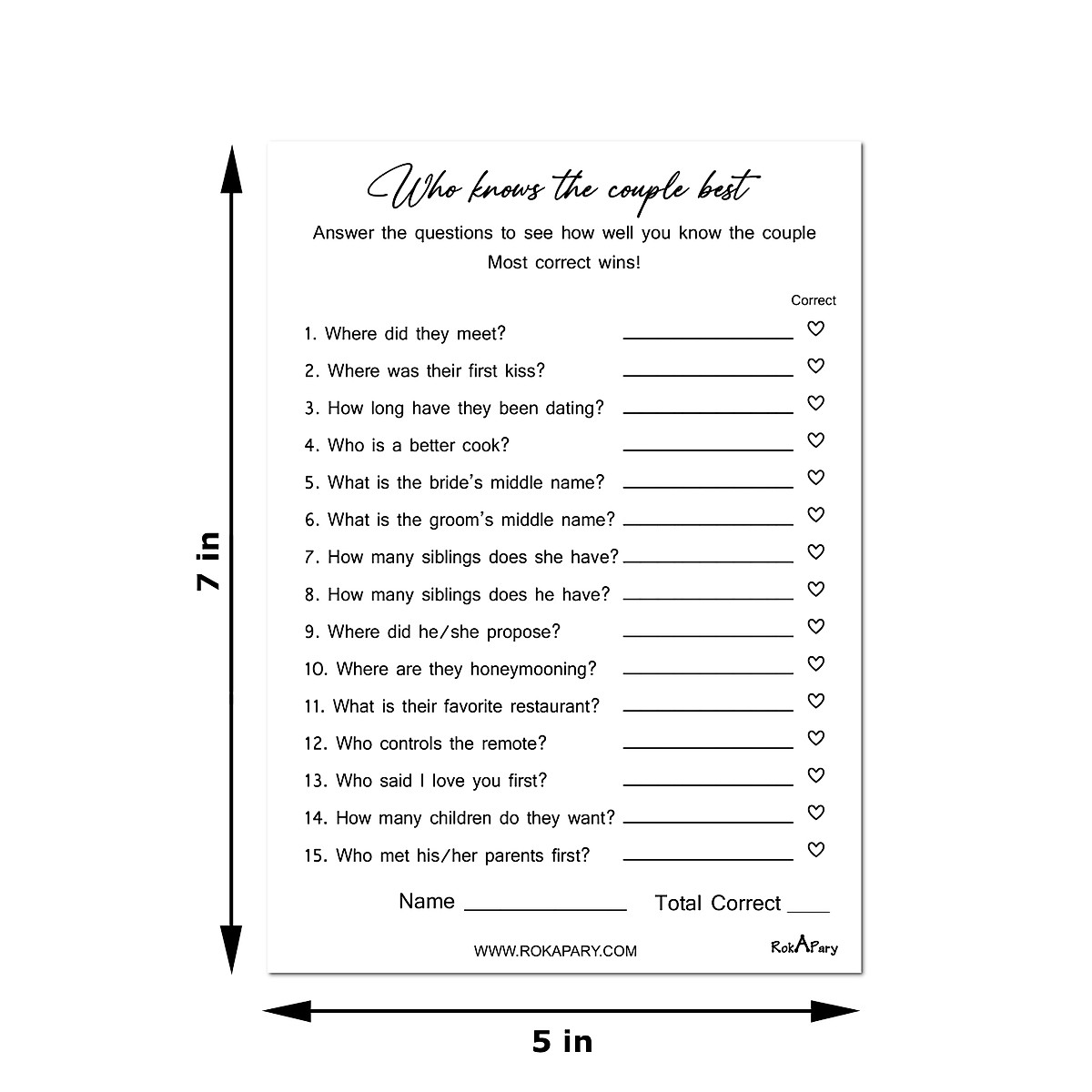 RokAPary Modern Minimalist Who Knows The Couple Best, Wedding, Bridal Shower, Bachelorette or Engagement Party Game, Couples Guessing Play Pack of 50 Cards 5”x7” Made in USA