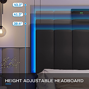 Hasuit Queen Bed Frame with Headboard and LED Light, Vegan Leather Platform Bed Queen Size with Charging Station, Upholstered Headboard Height Adjustable, Noise Free, Easy Assembly, Black