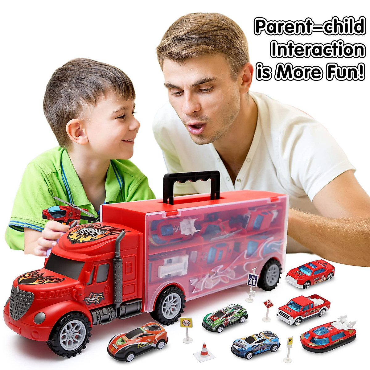 Toddler Toys for 3-4 Year Old Boys,Large Transport Cars Carrier Set Truck Toys with 12 Die-cast Vehicles Truck Toys Cars,Ideal Christmas Easter Valentines Day Gifts Toys for Kids Age 3-7 (Red)