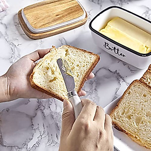 Butter Dish with Lid and Knife for Countertop, Airtight Butter Keeper for Counter or Fridge, Ceramic Butter Container with Thick Acacia Wood Lid, for Modern Kitchen Decor and Accessories, White