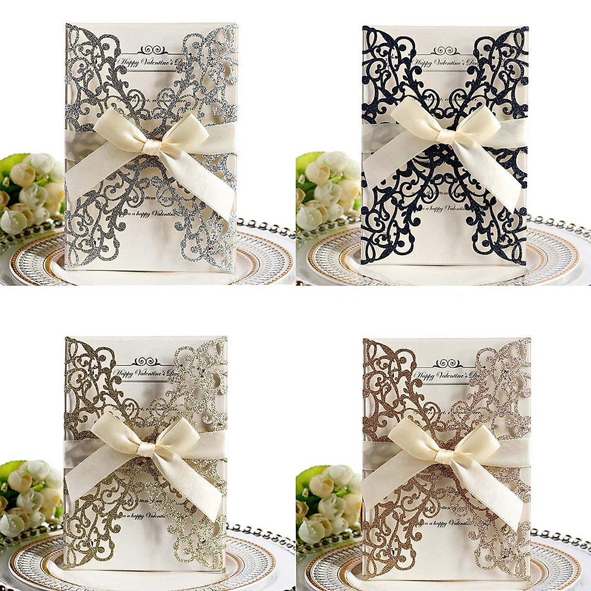 Wedding Invitation Cards,10PCS Hollow Floral Design Invites Card with Ribbon Best for Bridal Showers, Engagement Parties, Includes 10x [Covers + Blank Card +Ribbon] (Glitter Silver)