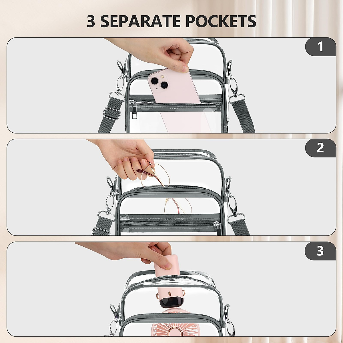 Blvornl Clear Crossbody Bag with Adjustable Shoulder Strap, Stadium Approved PVC Clear Purse Bag with Front Pocket, Clear Messenger Bag for Women and Men for Concerts Sports Events (Grey)