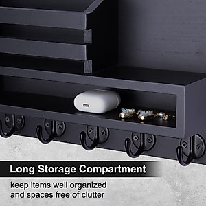 Lucundm Key and Mail Holder Wall Mount, Key Hanger with Long Storage Box and 5 Hooks for Coat, Dog Leash, Home Decor Rack, House Accessories, Entry Way Organizer 11.8”W x 7.8”H x 3.2”D