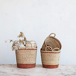 Creative Co-Op Woven Seagrass Baskets with Stripes and Handles, Natural and Brown, Set of 3