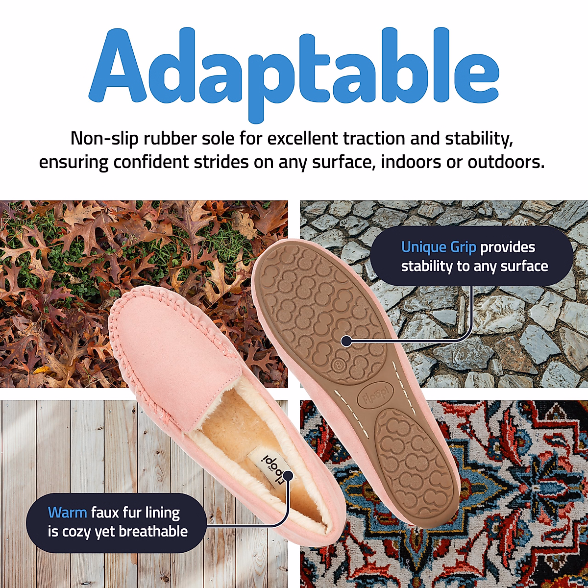 Floopi Women Slippers Moccasins, Soft Faux Fur Lining with Cozy Memory Foam, Ladies House Slippers for Women with Indoor & Outdoor Anti-Skid Sole(9, Pink-323)