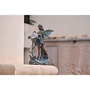 TERESA'S COLLECTIONS Large Garden Fairy Outdoor Statue, Solar Garden Sculptures & Statues with Crackle Glass Globe, Bronze Patina Garden Art for Lawn Patio Balcony Decor 13.2 inch
