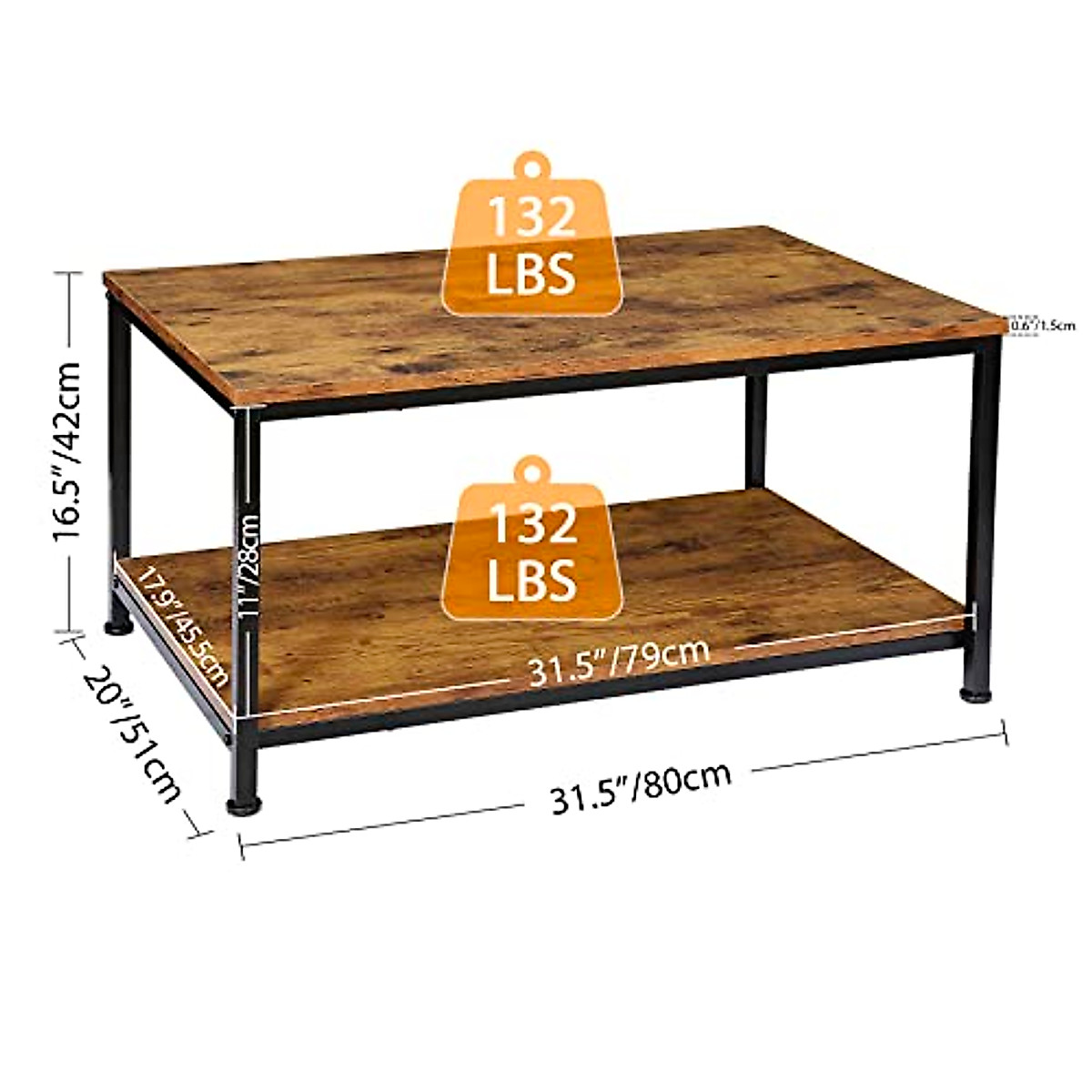SUPER DEAL 2-Tier Industrial Coffee Table with Storage Shelf for Small Apartment Living Room, Rectangle Wood and Stable Metal TV Stand Side End Table, Retro Brown