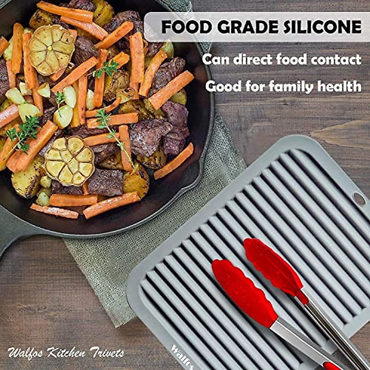 Walfos Silicone Trivets for Hot Pots and Pans - Heat Resistant Hot Pads for Kitchen Counter- 4 Pcs Multi-Purpose & Versatile Trivet Mat - Durable & Flexible Silicone Hot Pad（Gray）