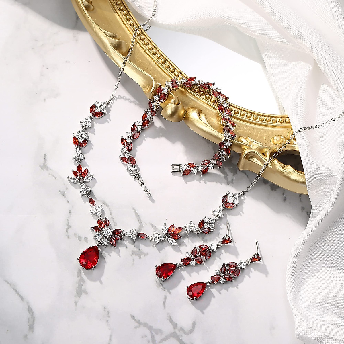 BriLove Wedding Jewelry Set for Women, Y-Necklace Tennis Bracelet Dangle Earrings with AAA Cubic Zirconia Teardrop for Bridal Bridesmaid Ruby Color