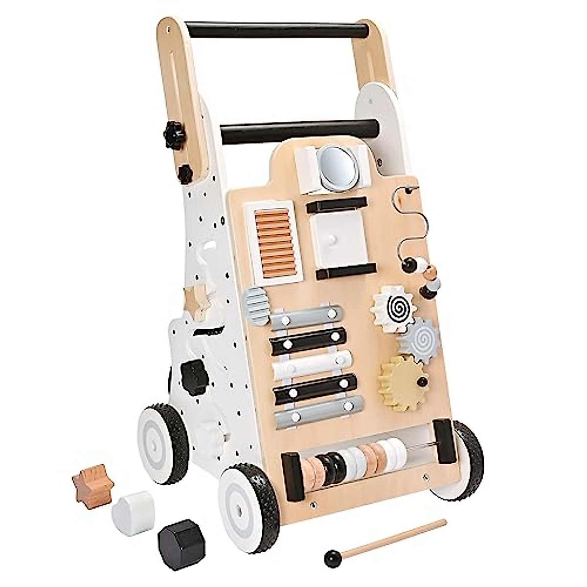 MARKVILLE Wooden Baby Walker with Wheels, Adjustable Baby Activity Center Walker Push and Pull Toy, Learning Walker for Baby Boys and Girls Natural Wood Toddler Toys Baby Gift Develops Motor Skills