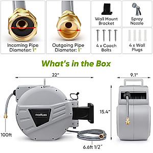 Retractable Garden Hose Reel Wall Mounted, 1/2 Inch x 100 ft + 6.6 ft Semi-Automatic Hose Reel with Brass Connector, 9 Pattern Hose Nozzle, Auto Rewind, Any Length Lock and 180° Swivel Bracket