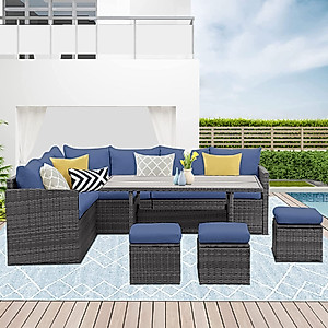 Wisteria Lane Outdoor Patio Furniture Set, 7 Piece Outdoor Dining Sectional Sofa with Dining Table and Chair, All Weather Wicker Conversation Set with Ottoman,Blue