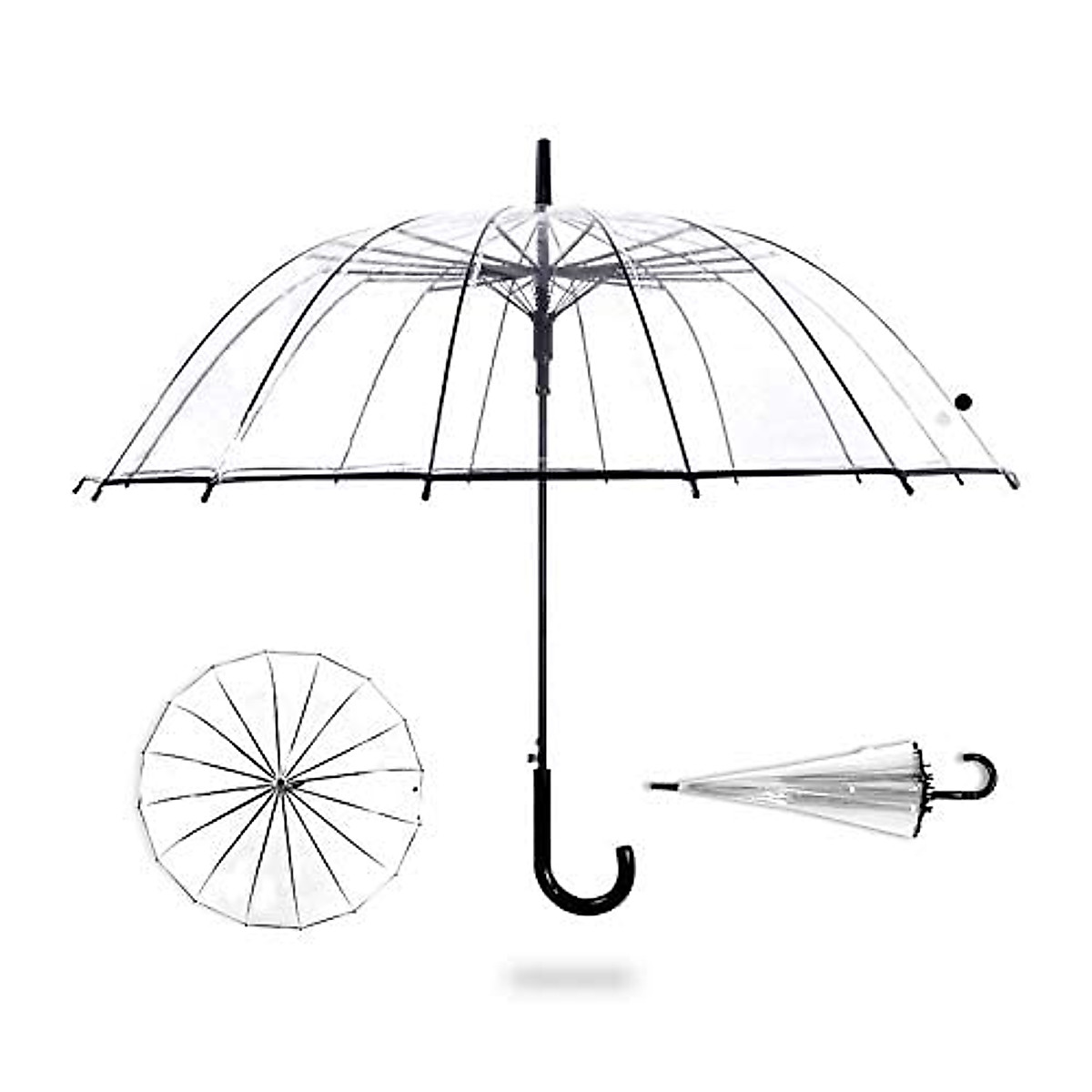 ThreeH Clear Large Umbrella Windproof Auto Open 16 Steel Ribs Classic Transparent Umbrella Unisex adult,KS10 Black