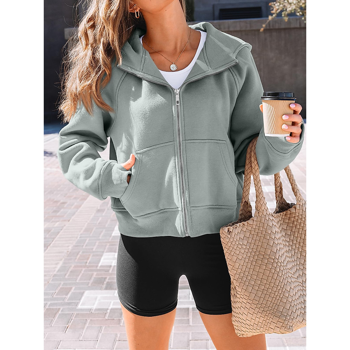 AUTOMET Womens Zip Up Hoodies Fleece Jackets Oversized Sweatshirts Fall Fashion Outfits 2025 Sweaters Winter Clothes GreyGreen L