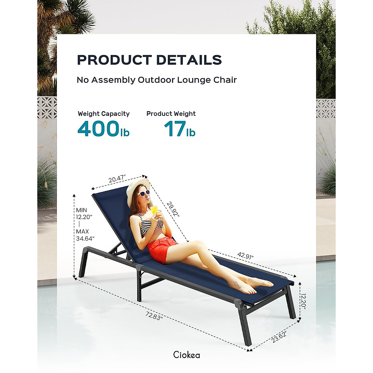 Aluminum Chaise Lounge Ourdoor - Foldable & Assemble Free Outdoor Lounge Chair with 5 Adjustable Backrest, Patio Lounge Chair for Outside Poolside Beach Pool, Navy Blue