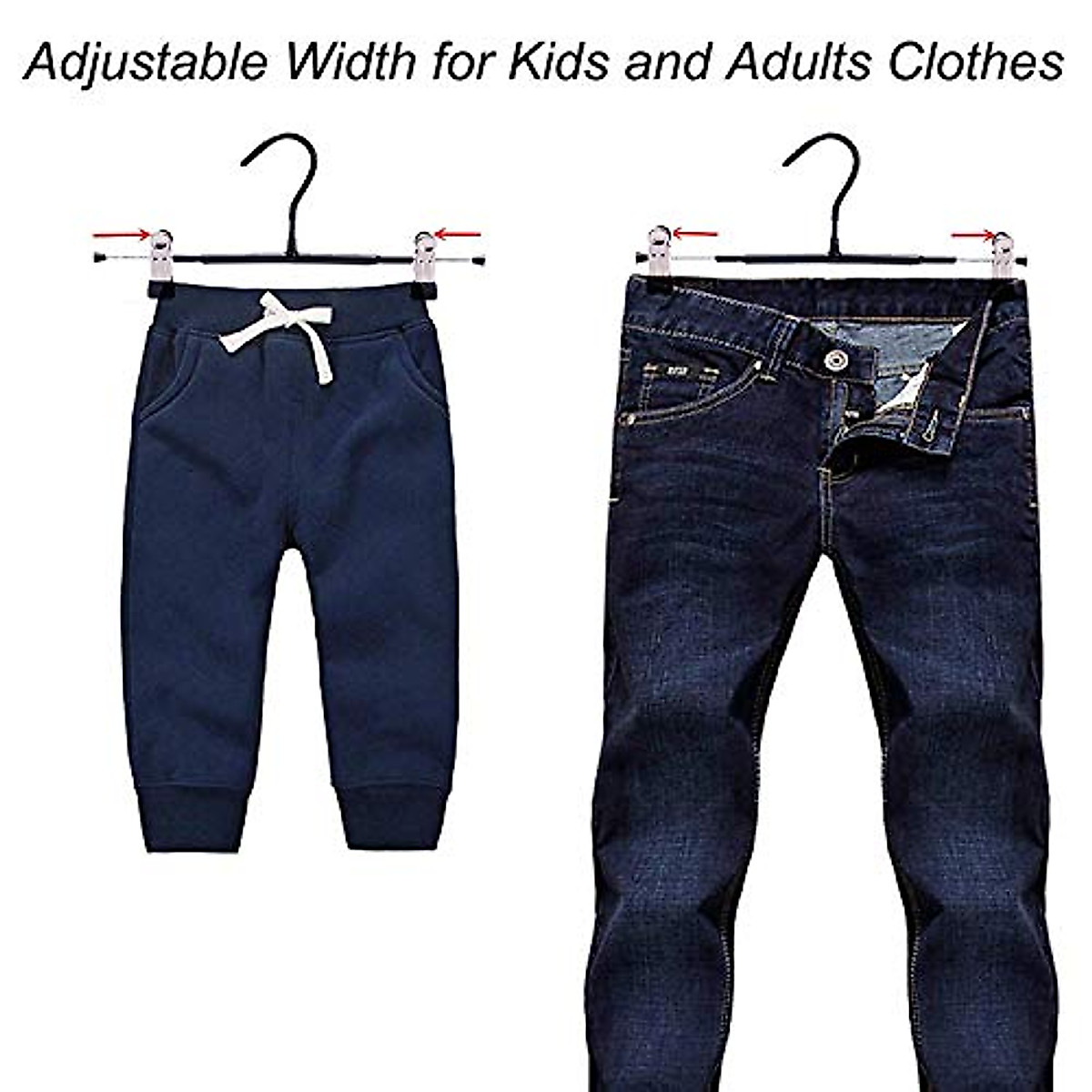 VEHHE Pants Hangers Skirt Hangers with Adjustable Clips 20 Pack Clothes Hangers Slack Trouser Jeans Clamp Hangers Non Slip Rubber Coating Space Saving for Clothes Shoes Slacks Ties Hats Kids (Black)