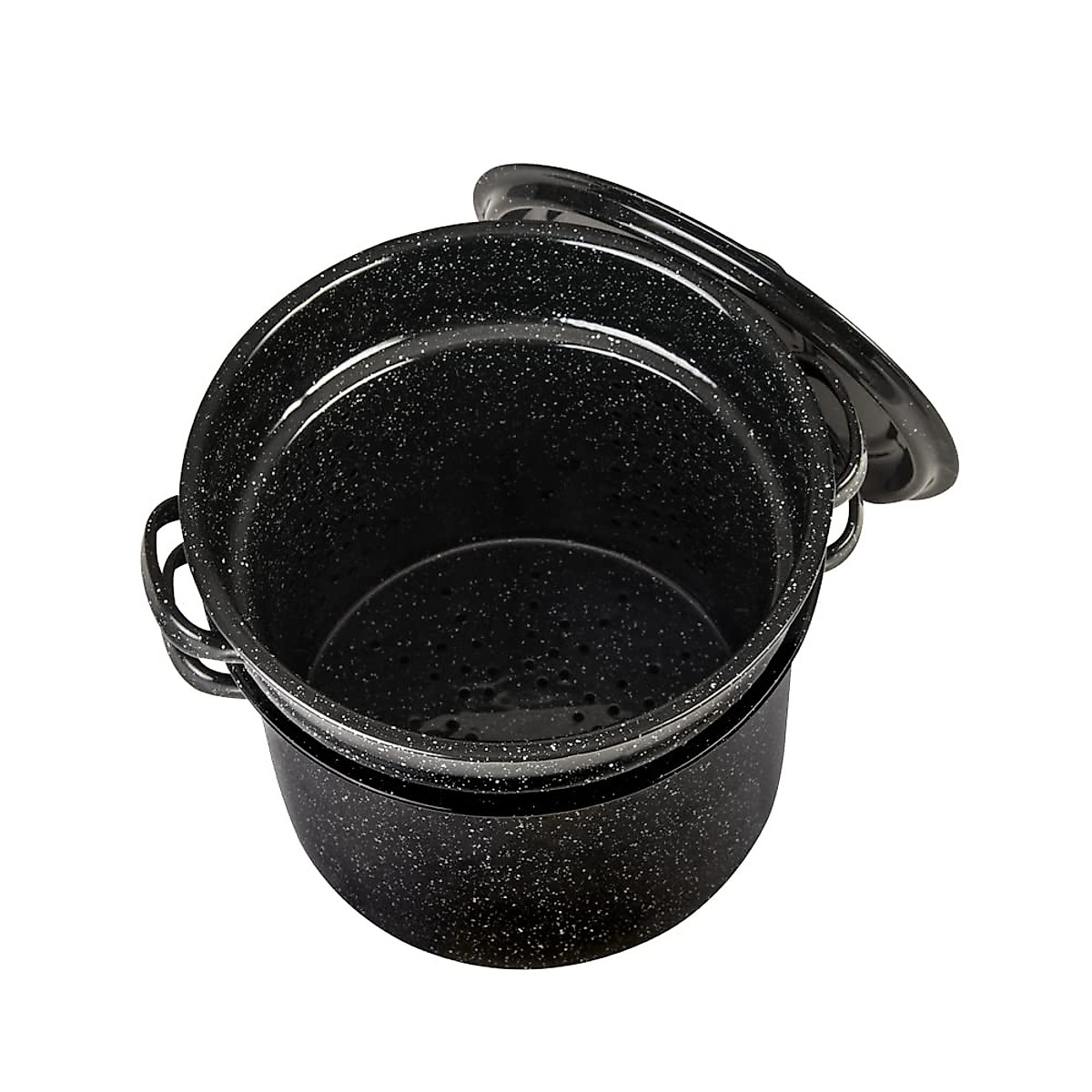 Granite Ware 7.5 Qt 3 Piece Multiuse Pasta Pot Set, Strainer Pot with lid. (Speckled Black) Seafood, Soups, Sauce, Large Capacity. Easy to Clean. Dishwasher Safe.