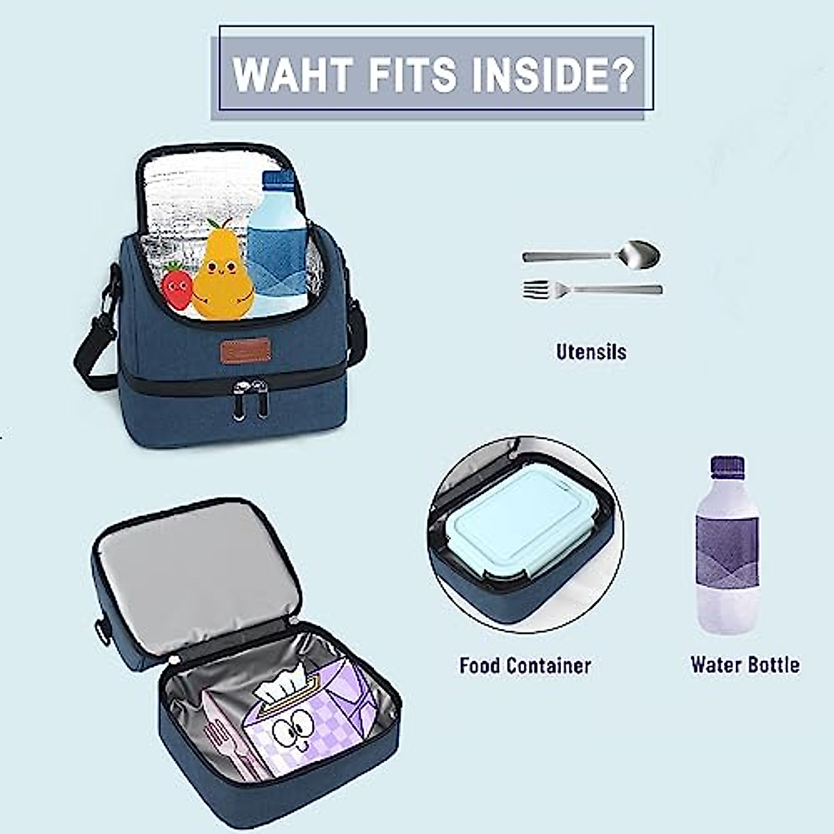 Femuar Kids Lunch Box Lunch Bag for Boys & Girls Insulated Lunchbox Children Dual Compartments Lunch Cooler Bag for School/Picnic/Gift, Blue