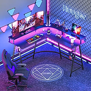 Huuger L Shaped Desk Gaming Desk with LED Lights & Power Outlets, Computer Desk with Monitor Shelves, Home Office Desk Corner Desk with Cup Holder & Hook, Carbon Fiber Black
