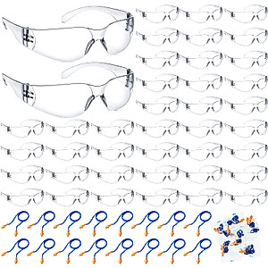 60 Pairs Protective Safety Glasses Goggles with 60 Pairs Reusable Earplugs, Clear Airsoft Goggle Anti Scratch UV Resistant Eyewear Goggles for Men and Women for Work, Lab, Construction, Sports