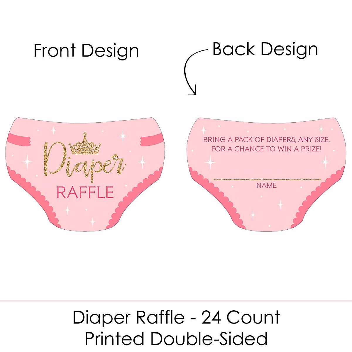 Big Dot of Happiness Little Princess Crown - Diaper Shaped Raffle Ticket Inserts - Pink and Gold Princess Baby Shower Activities - Diaper Raffle Game - Set of 24